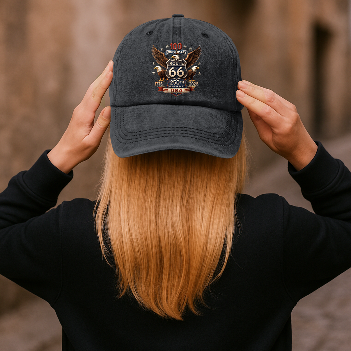 100 Years Route 66 250 Years USA - Personalized Distressed Denim Cap ...