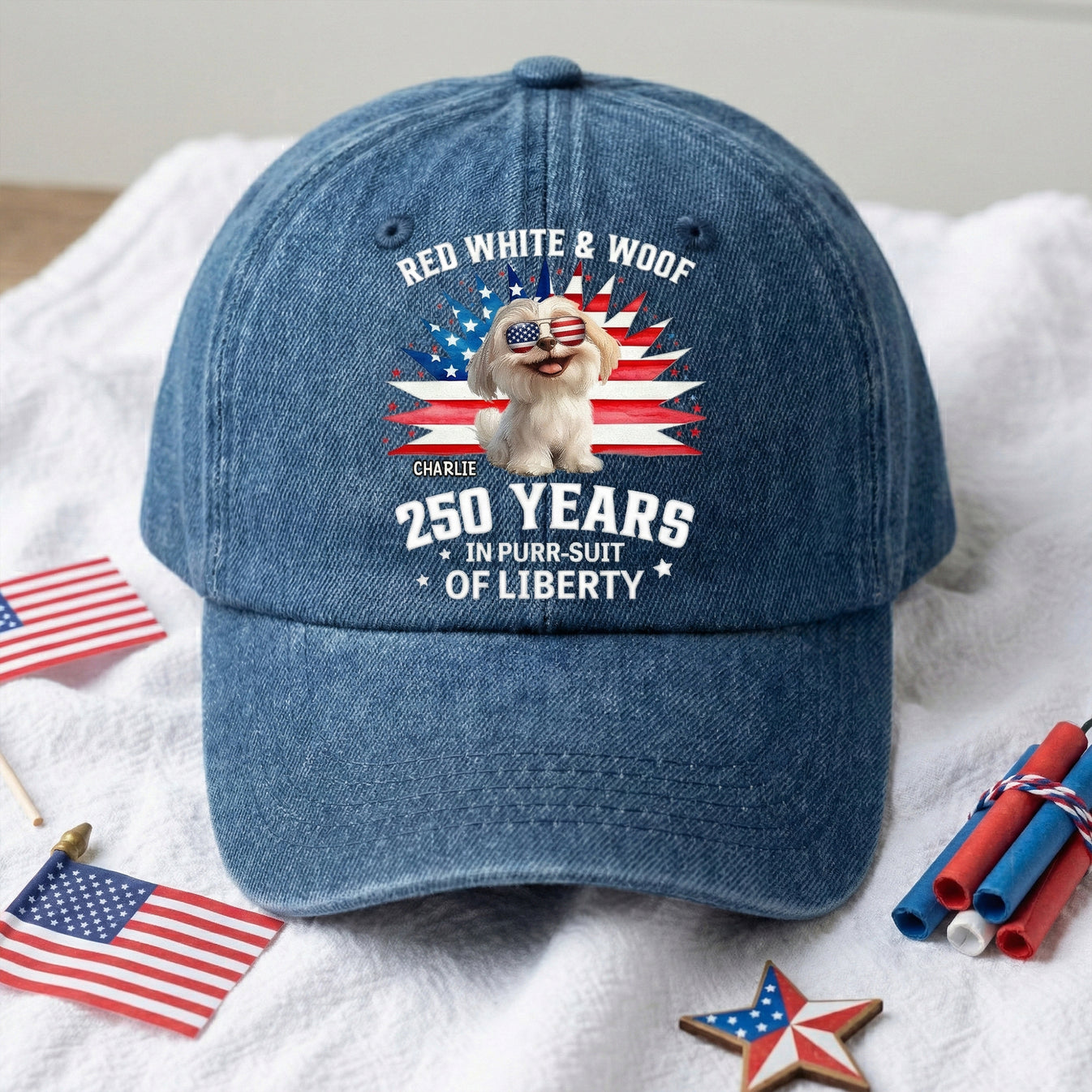 250 Years In Purr-Suit Of Liberty - Personalized Distressed Denim Cap ...