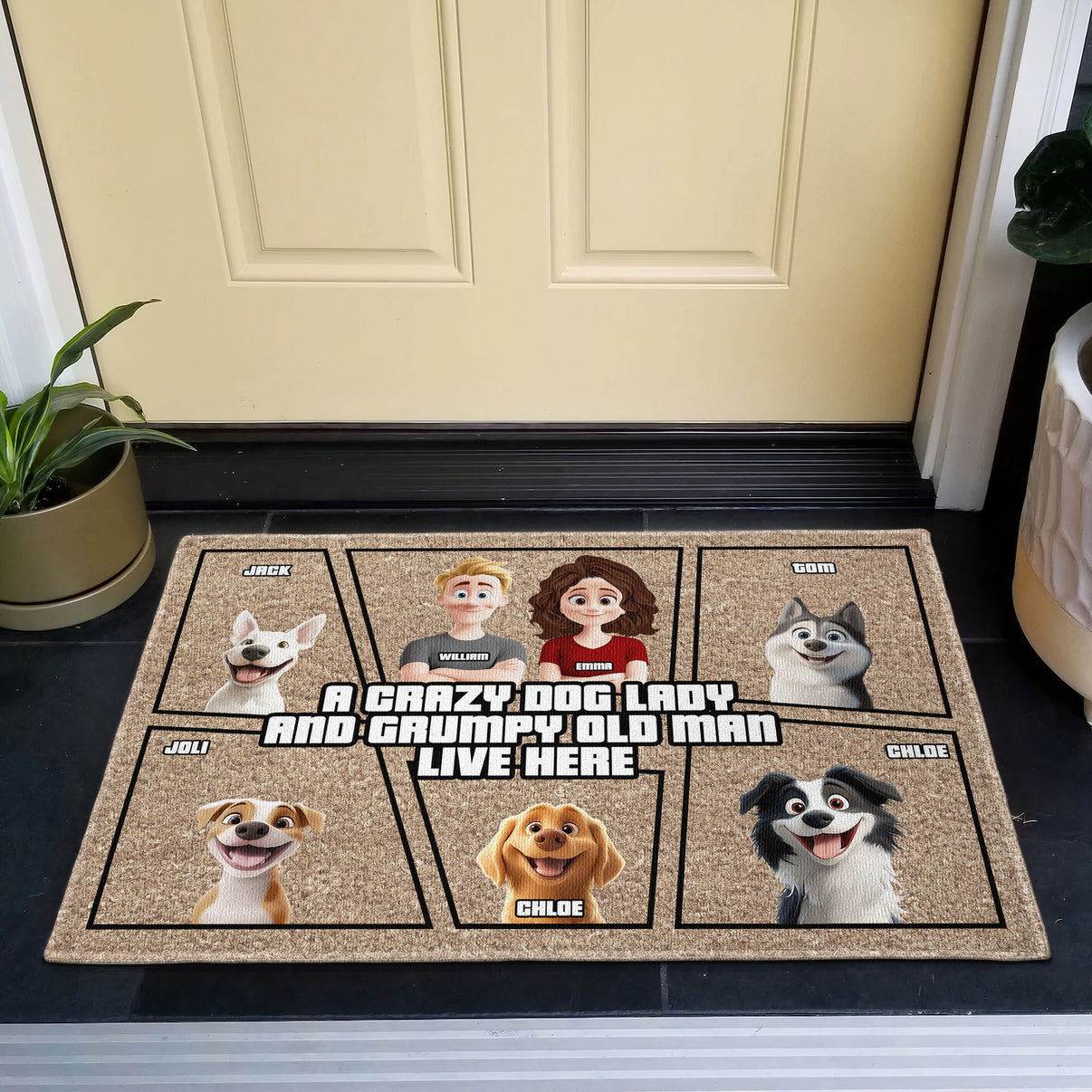 A Crazy Dog Lady And Grumpy Old Man Live Here - Personalized Doormat ...