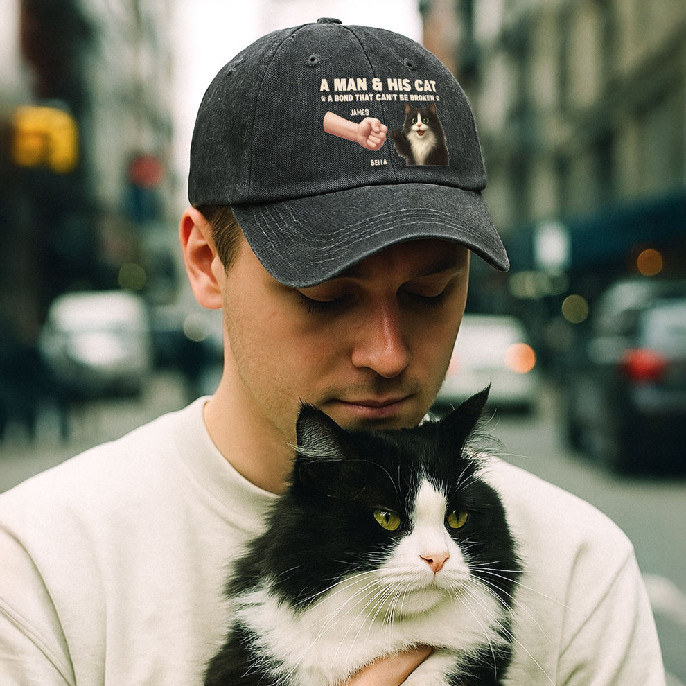 A Man And His Cat - Personalized Distressed Denim Cap – Macorner