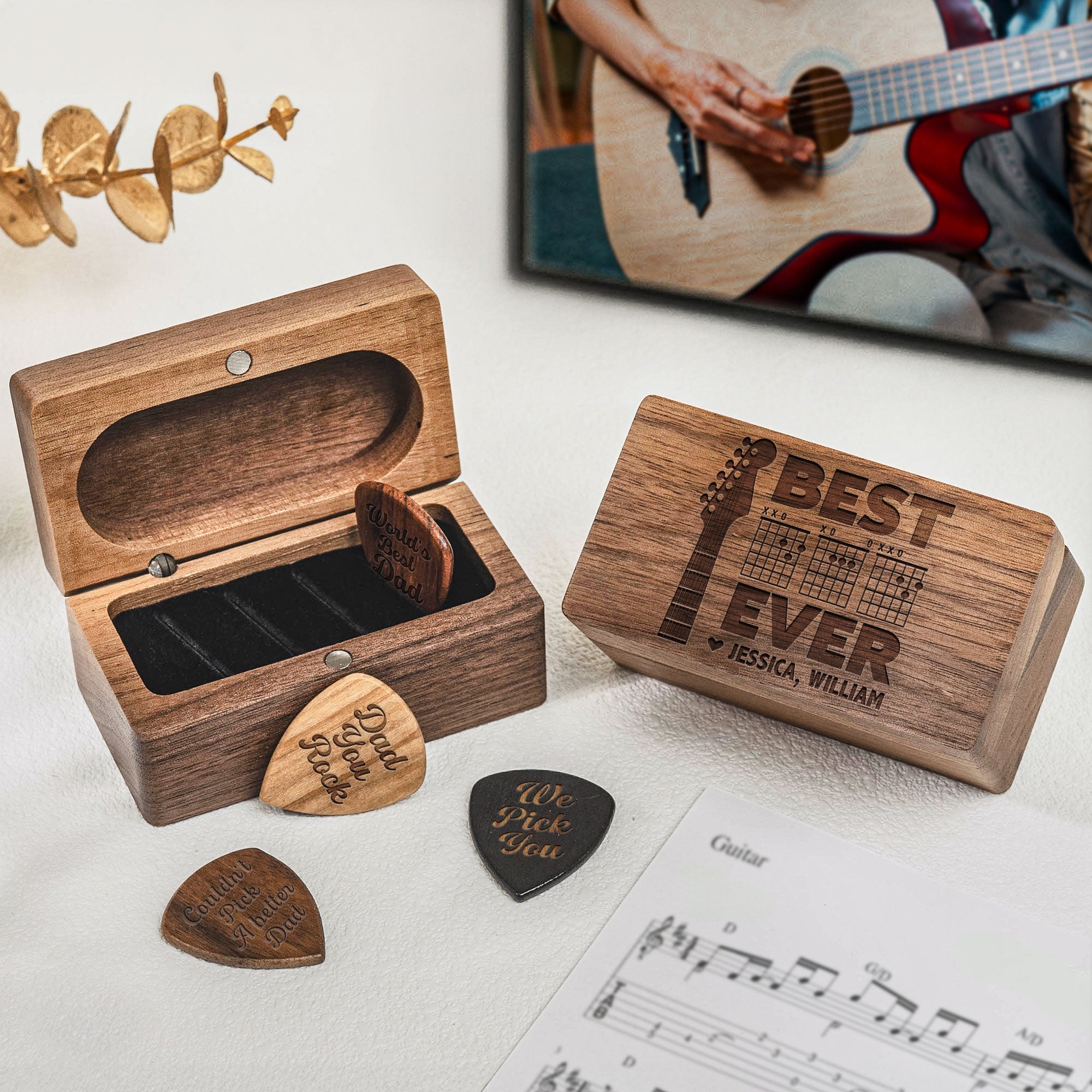 Father's Day Gifts, Best Dad Ever - Personalized Wooden Guitar Pick Bo ...