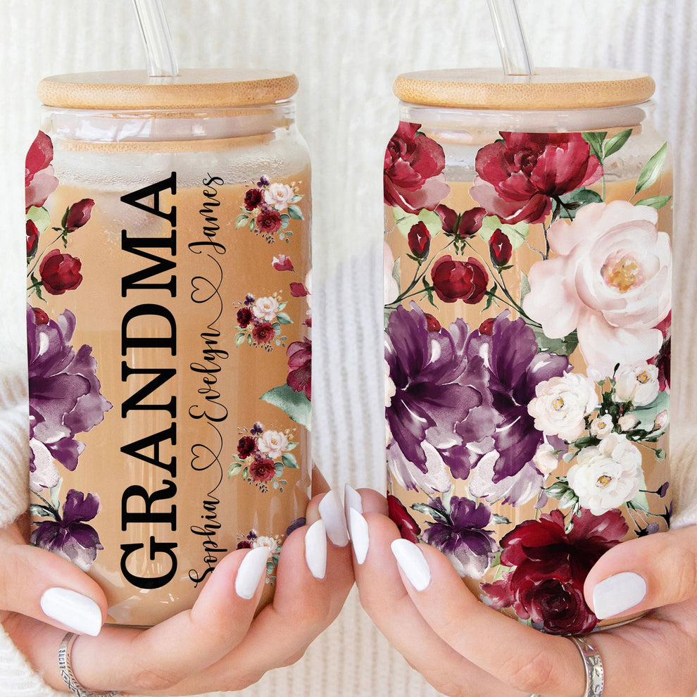 Burgundy Flower - Personalized Clear Glass Cup – Macorner