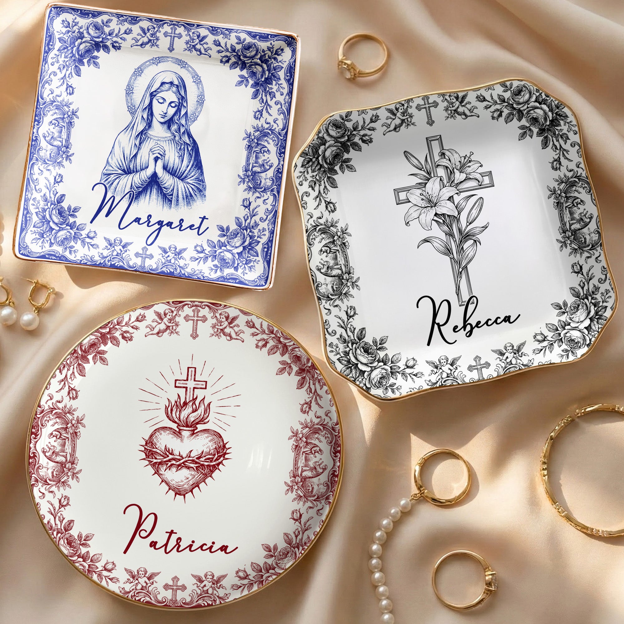 Christian Faith Symbols Toile De Jouy - Personalized Jewelry Dish ...