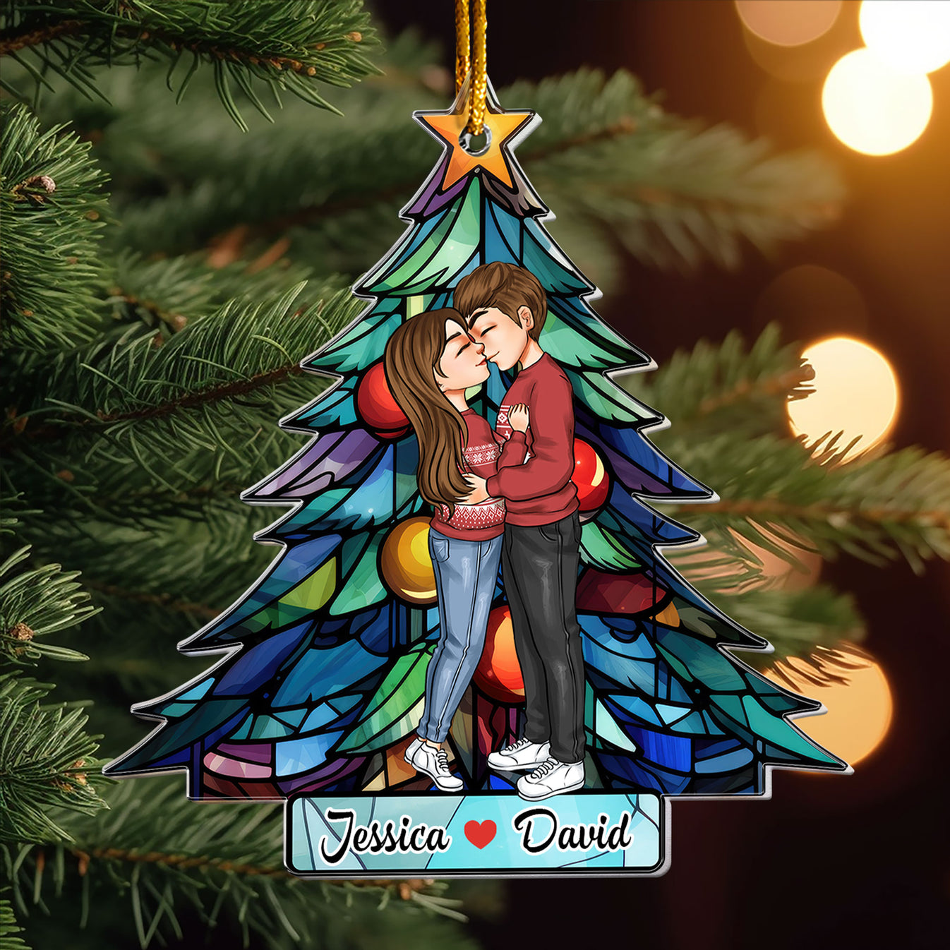 Couple Kissed Under The Christmas Tree - Personalized Acrylic Ornament ...
