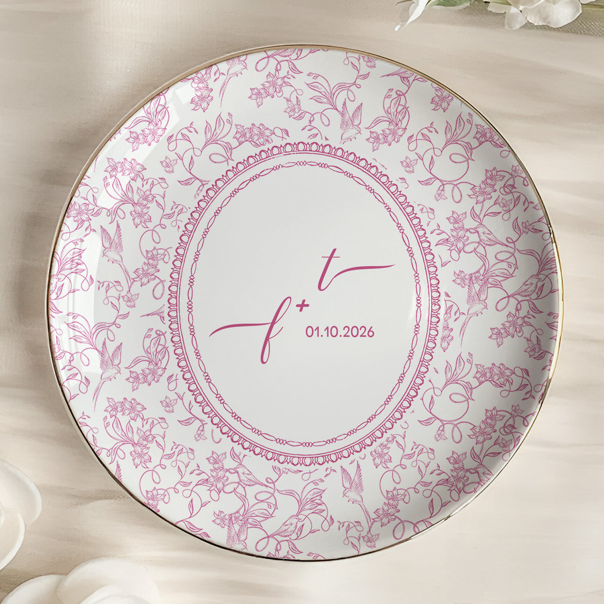 Custom Couple Initials & Date Toile De Jouy Ring Dish - Personalized ...