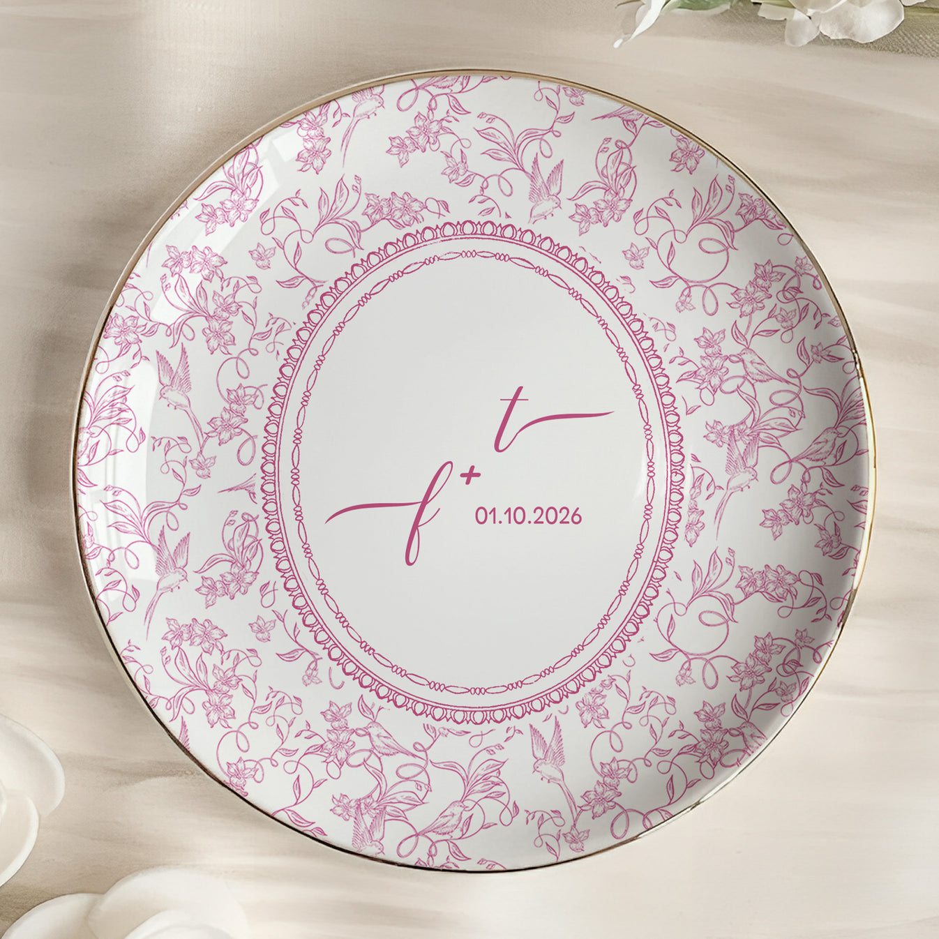 Custom Couple Initials & Date Toile De Jouy Ring Dish - Personalized ...