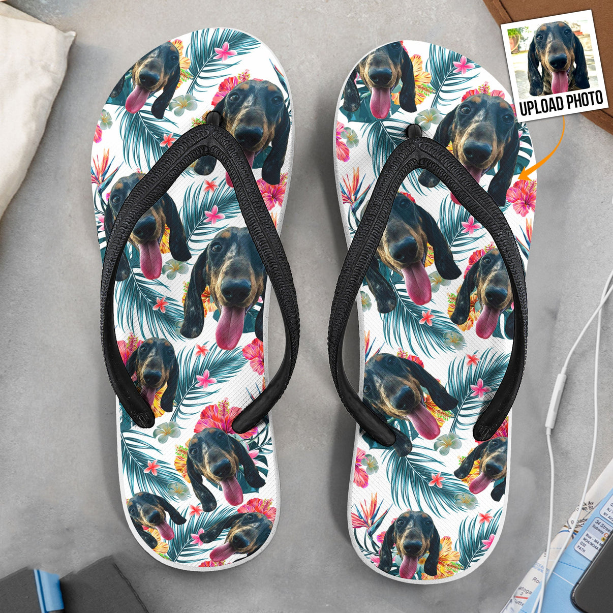 Custom Dog's Photo With Tropical Vibe - Personalized Photo Flip Flops ...