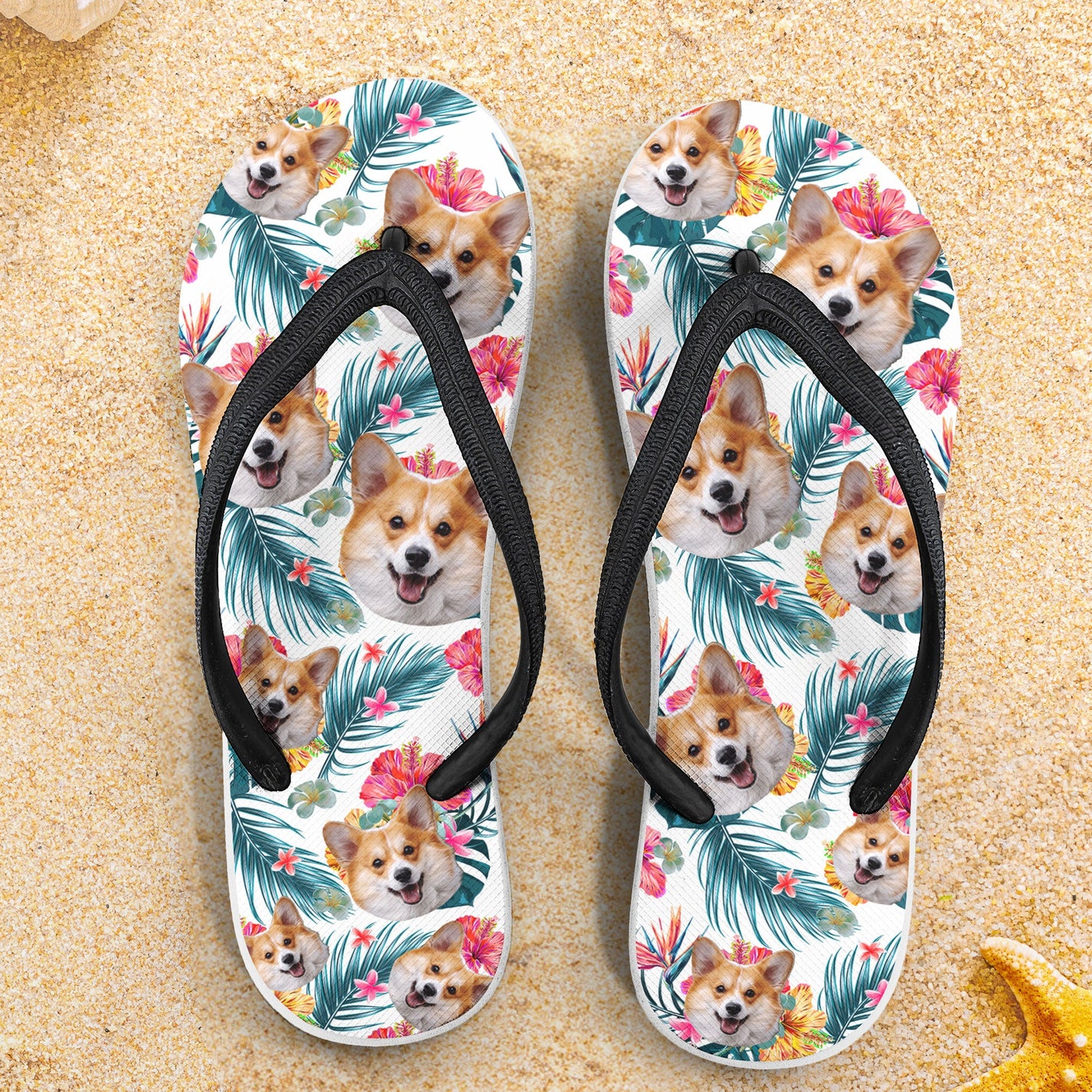 Custom Dog's Photo With Tropical Vibe - Personalized Photo Flip Flops ...