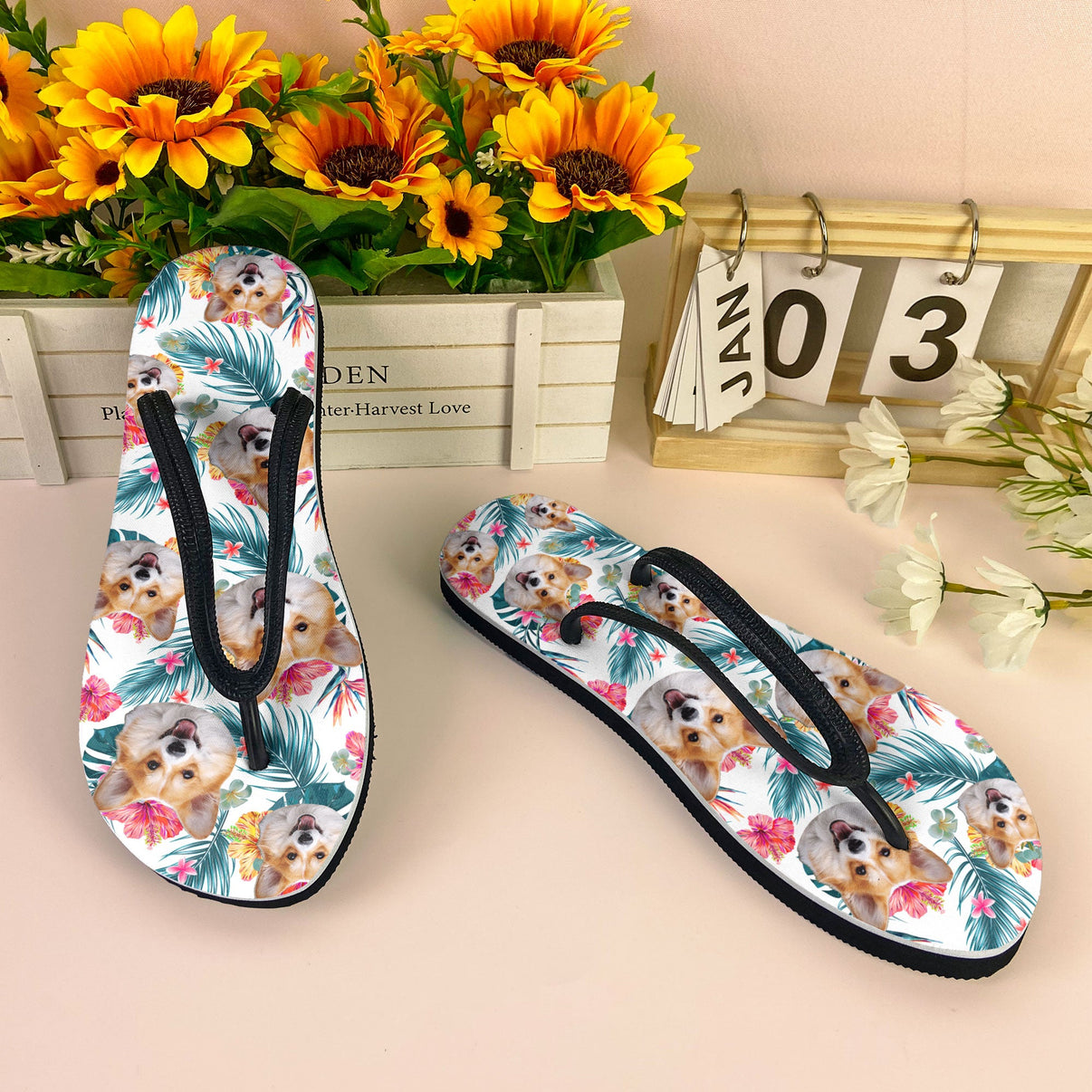 Custom Dog's Photo With Tropical Vibe - Personalized Photo Flip Flops ...