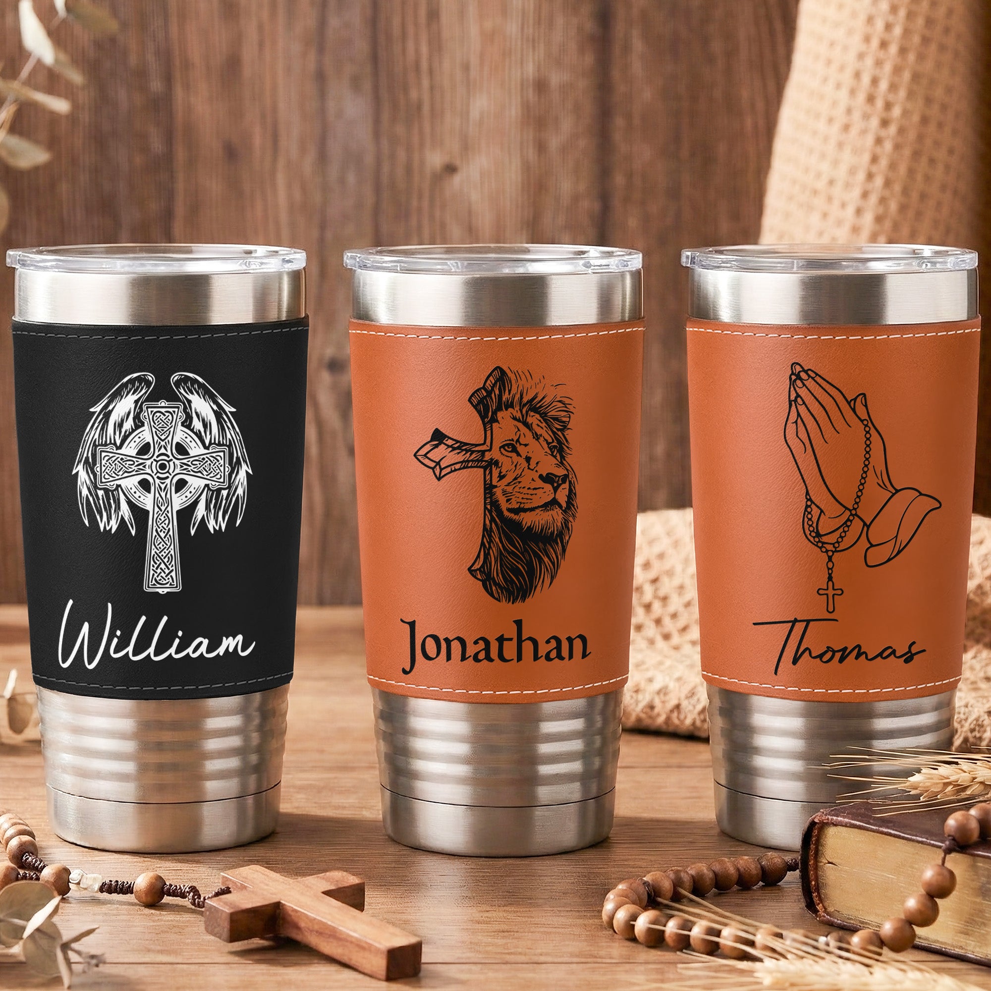 Custom Faith Symbol Design With Name - Personalized 20oz Leather Wrapp ...
