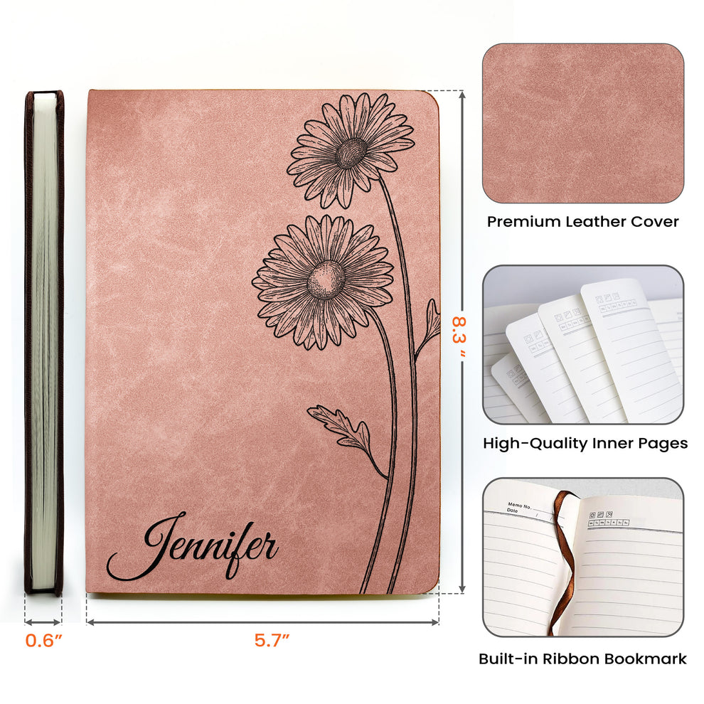 Custom Name Journal Birth Month Flower Gift - Personalized Leather ...