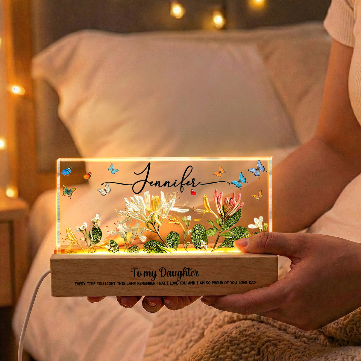 Custom Name & Faux Pressed Birth Flower Gift For Her - Personalized LED ...