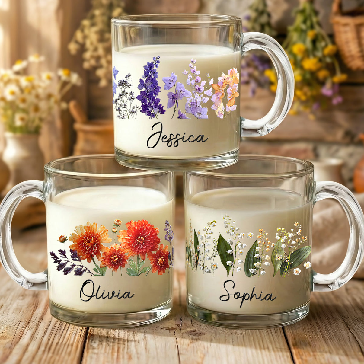 Custom Name & Birth Flower Faux Pressed Flower - Personalized Glass Mug ...
