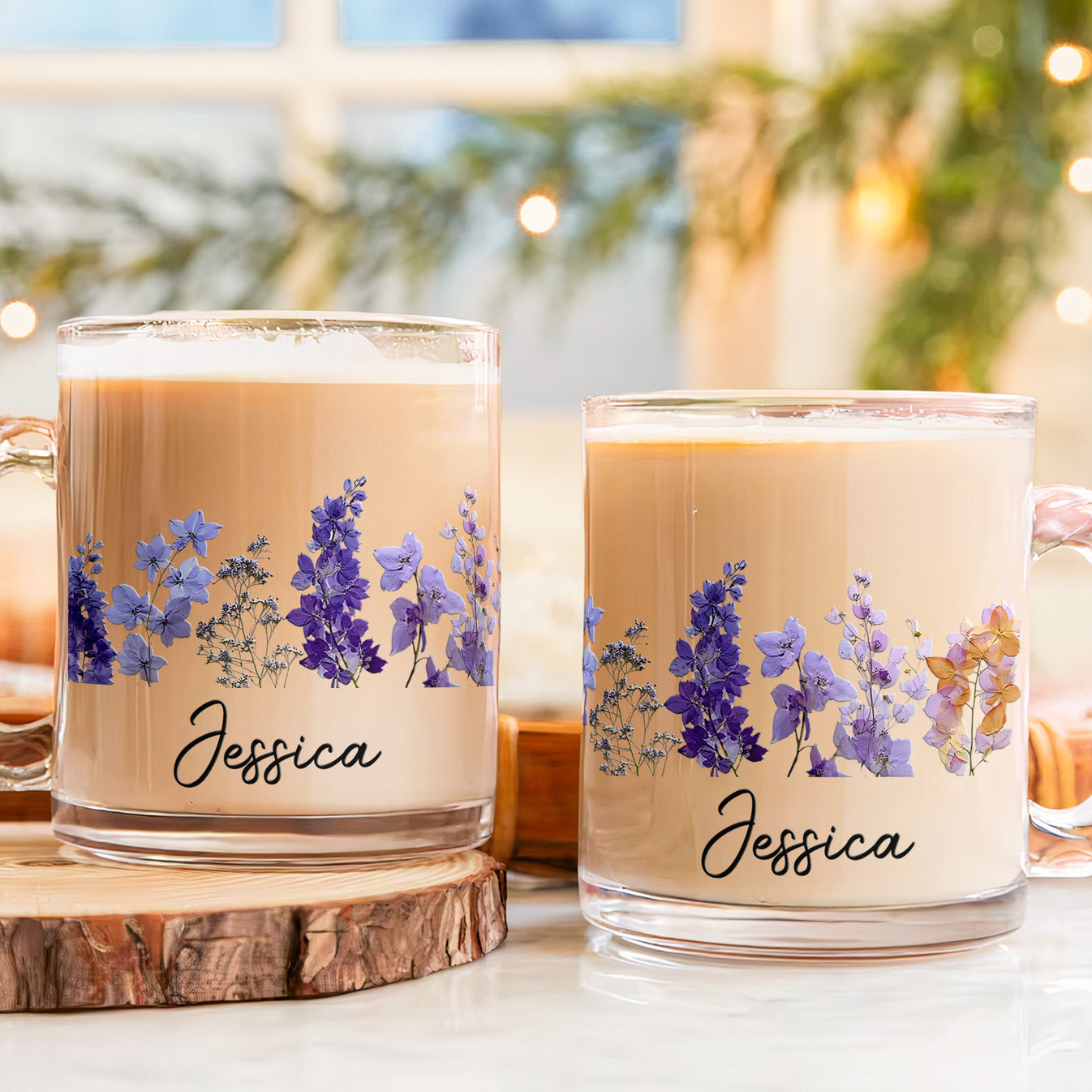 Custom Name & Birth Flower Faux Pressed Flower - Personalized Glass Mug ...