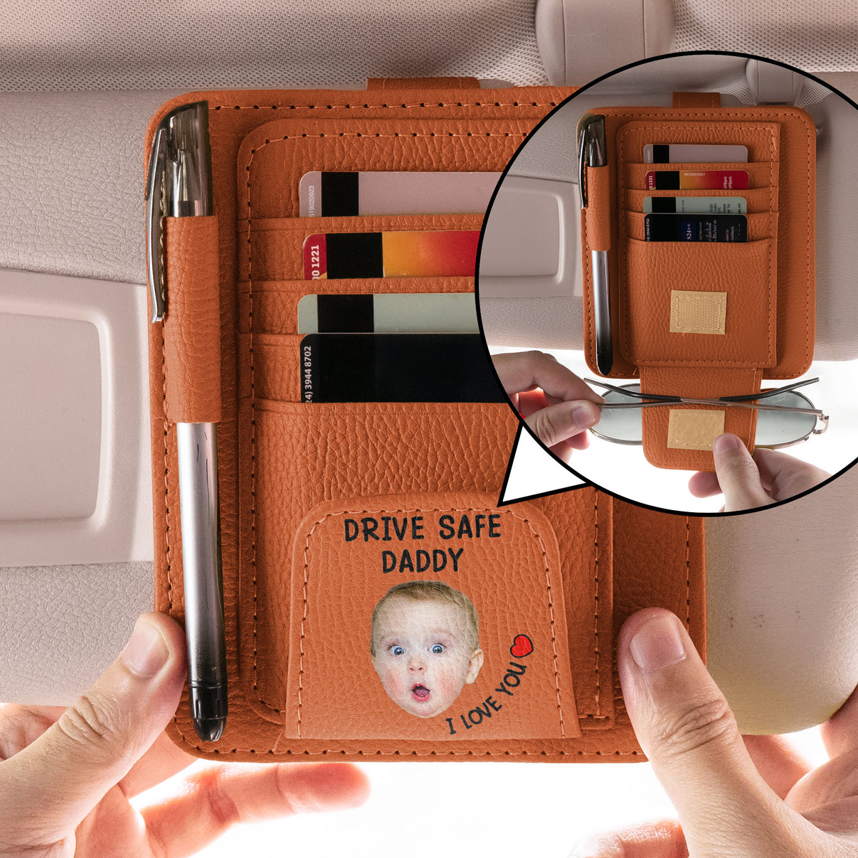 Drive Safe, Daddy - Personalized Photo Leather Car Visor Organizer ...