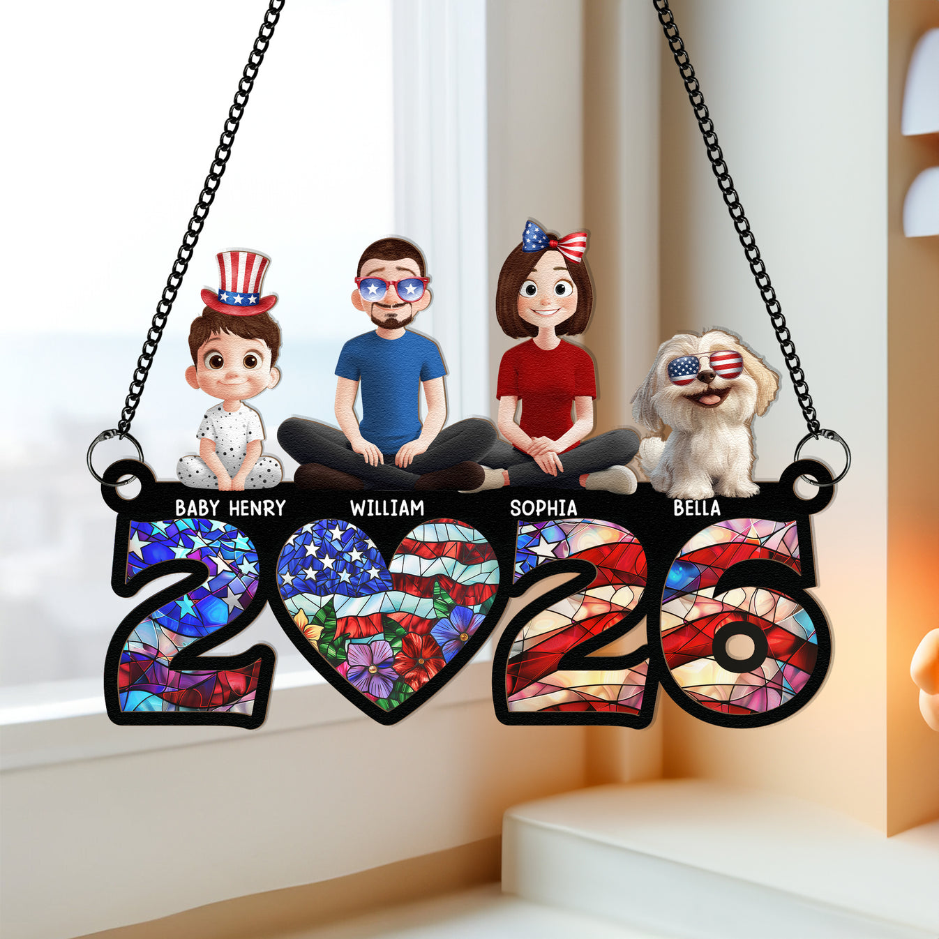 Family Sitting Happy Birthday USA - Personalized Window Hanging ...