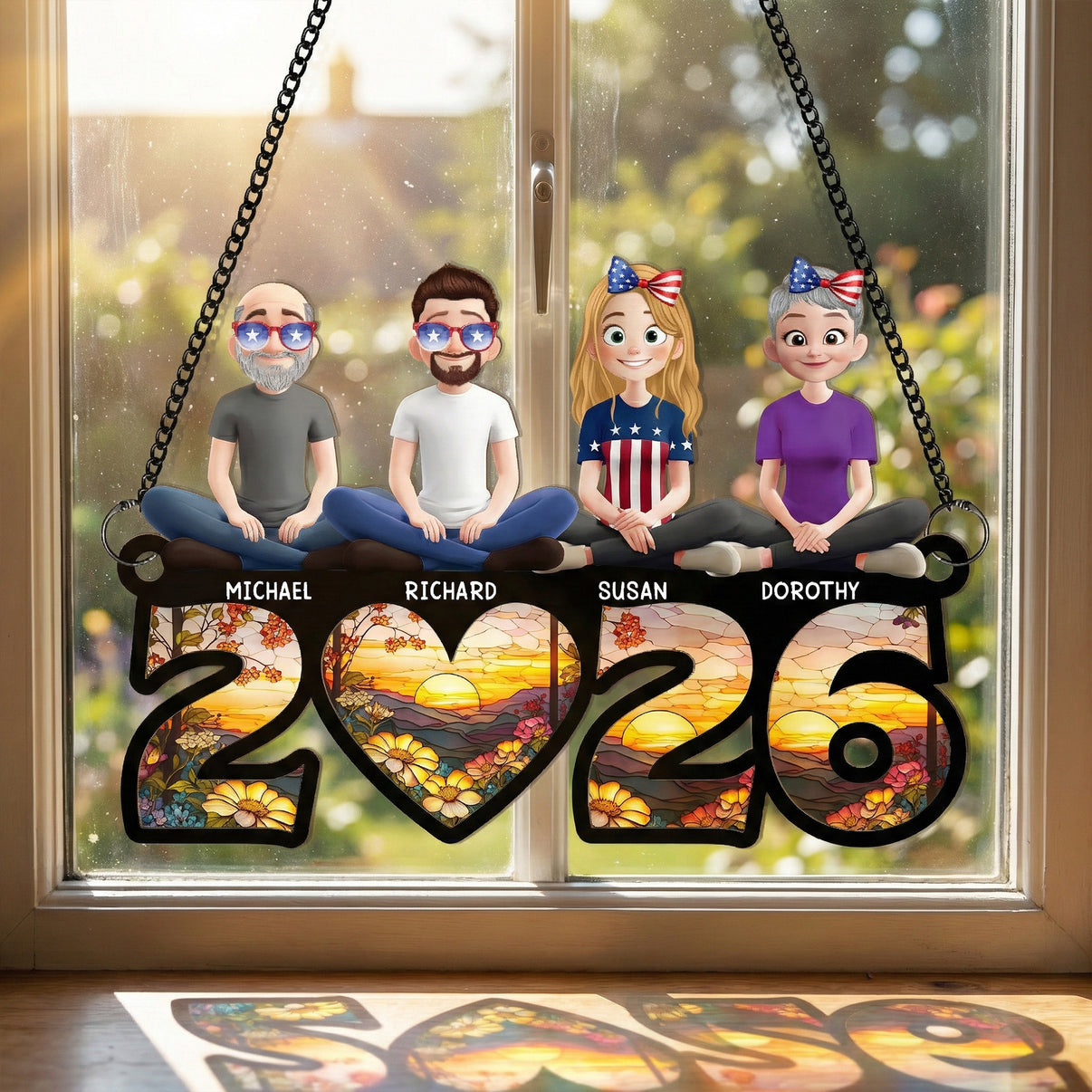 Family Sitting Happy Birthday USA - Personalized Window Hanging ...