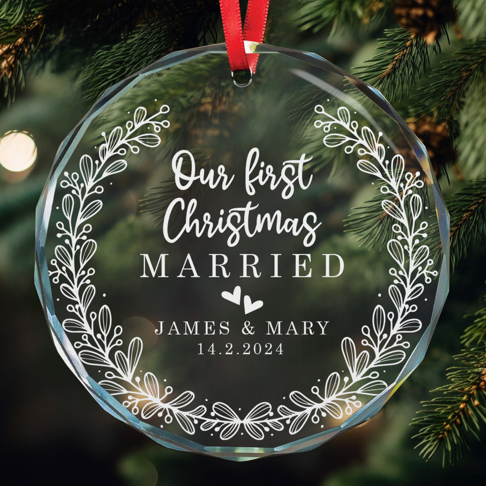 First Christmas Married Engaged Couples - Personalized Glass Ornament ...