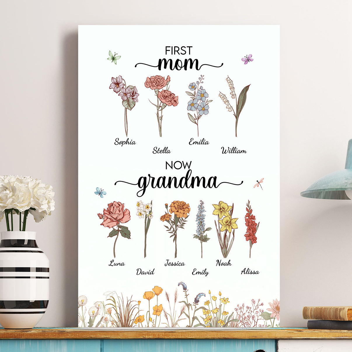 First Mom Now Grandma Birth Flower With Grandkids Names - Personalized ...