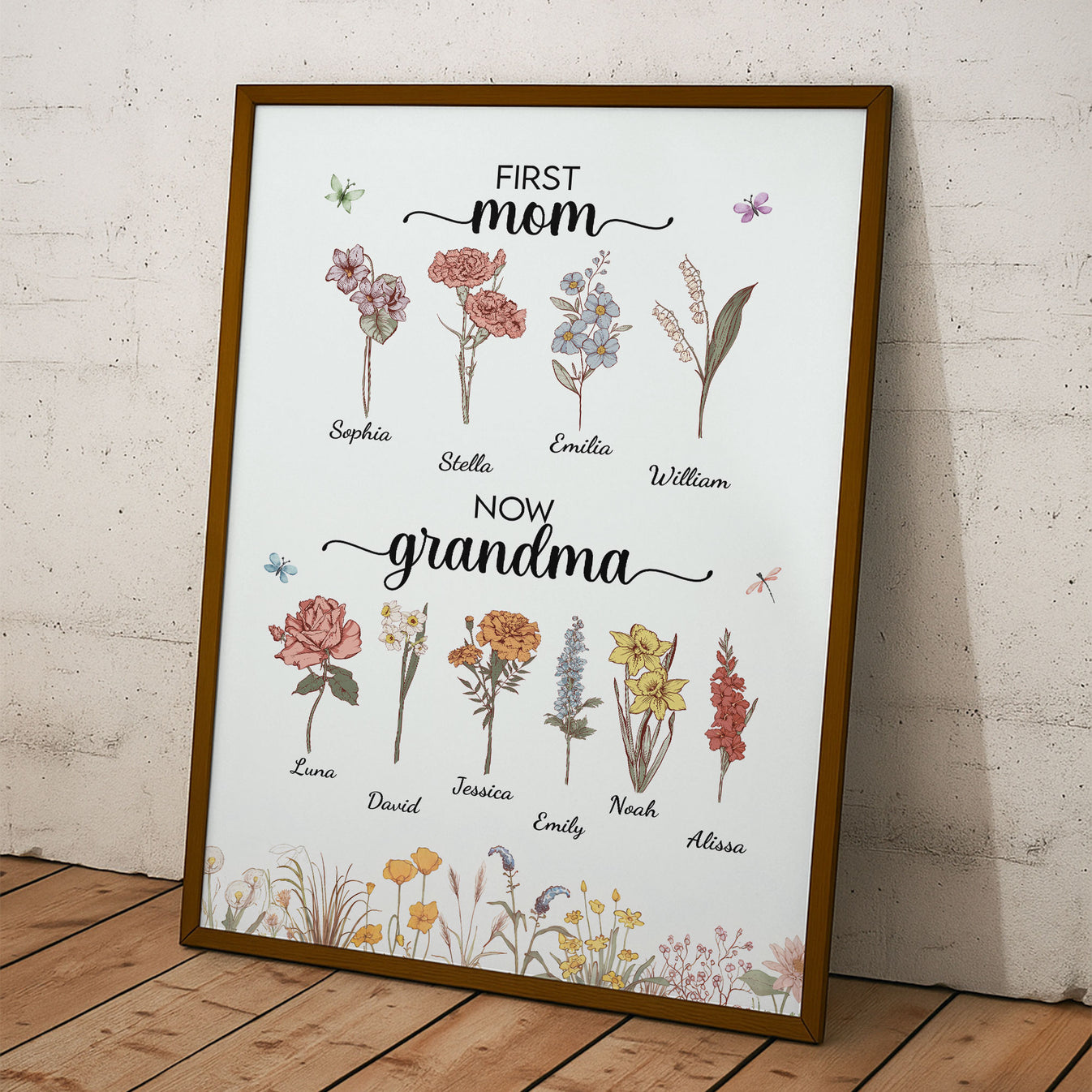 First Mom Now Grandma Birth Flower With Grandkids Names - Personalized ...