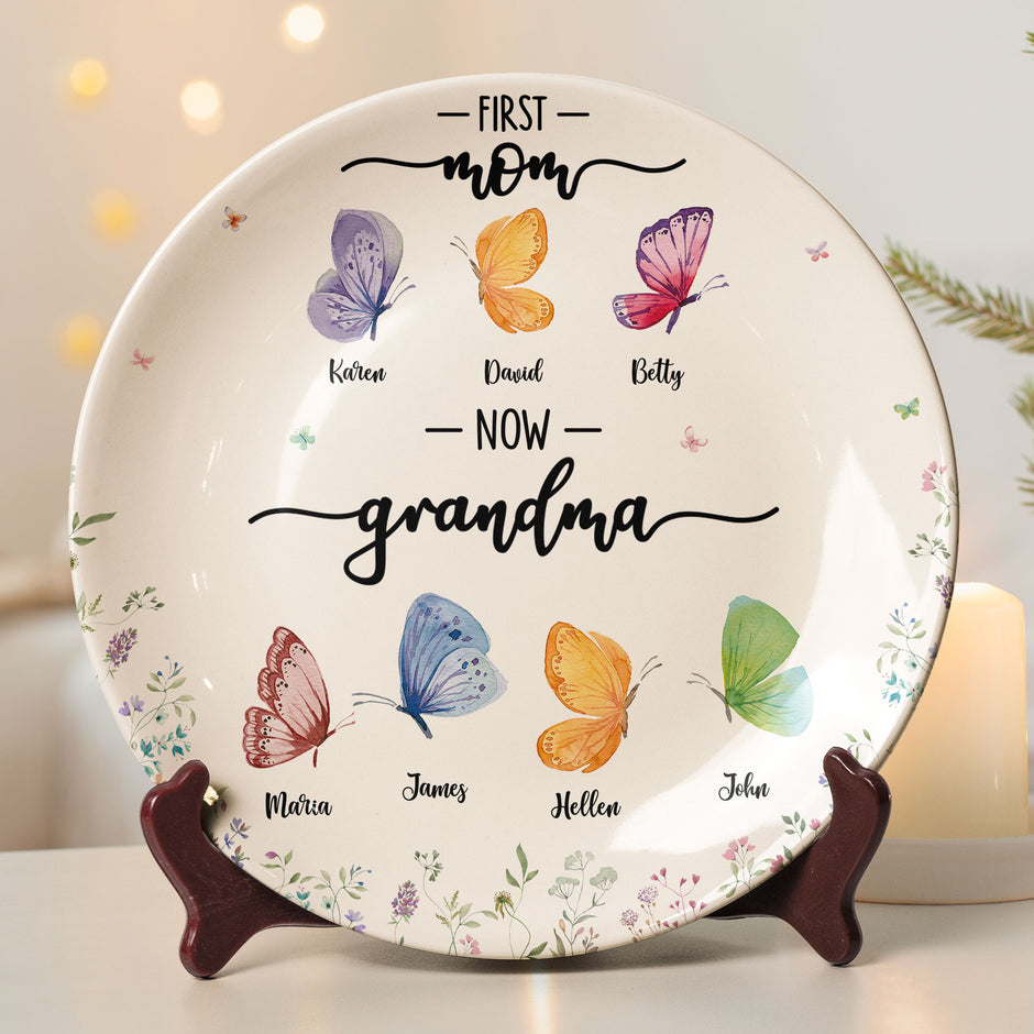 First Mom Now Grandma - Butterfly Version - Personalized Ceramic Plate ...