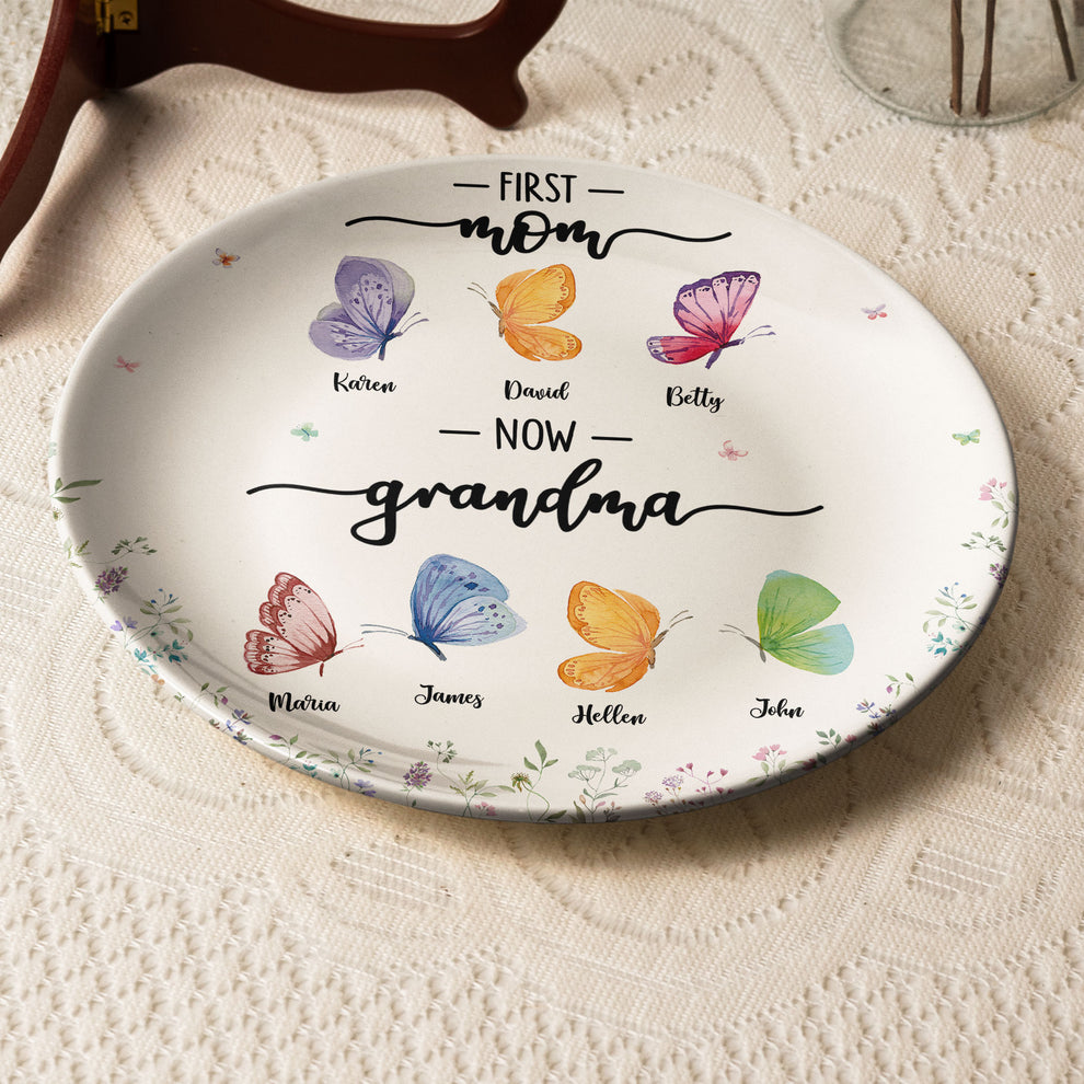First Mom Now Grandma - Butterfly Version - Personalized Ceramic Plate ...