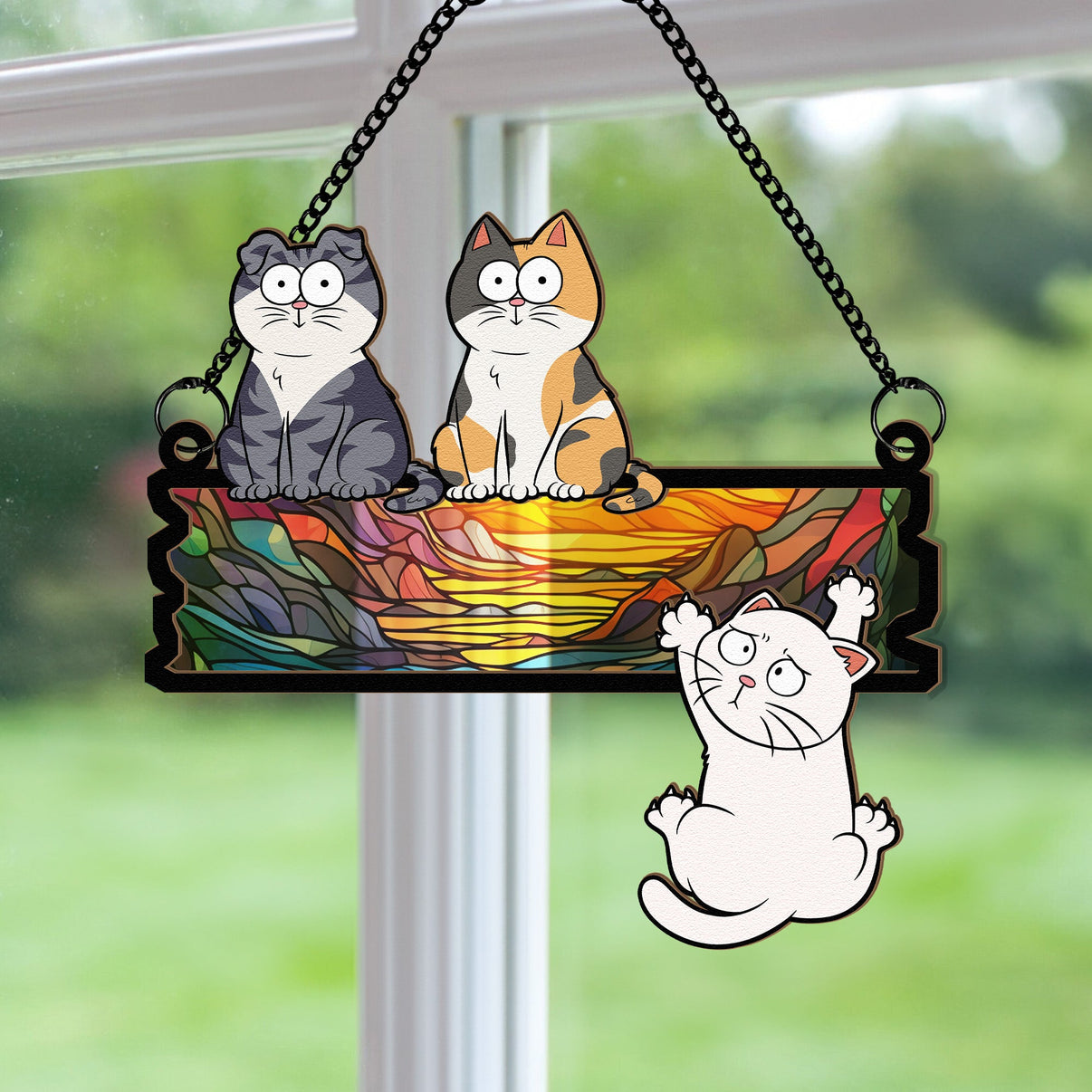 Funny Cats Hanging On Wooden Sign- Personalized Window Hanging Suncatc ...