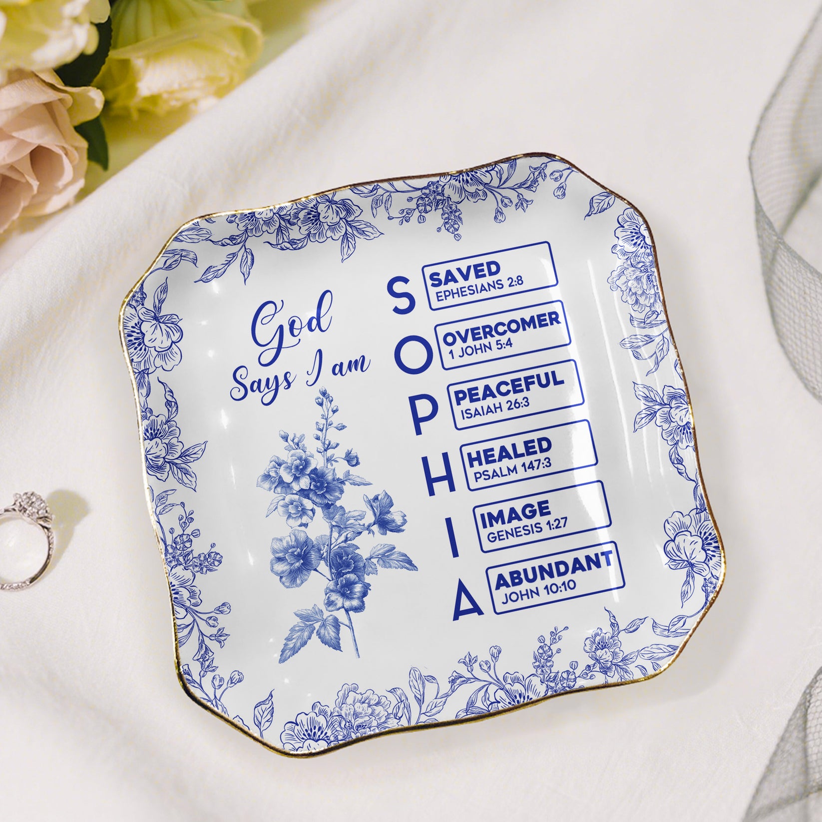 God Says I Am Name Letter In Bible Toile De Jouy Style - Personalized ...