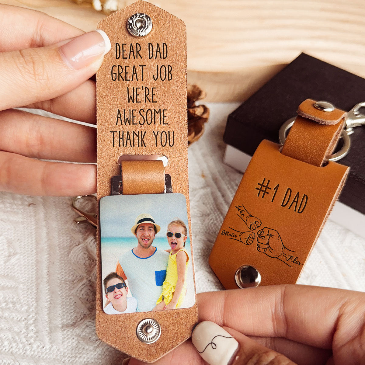 Great Job Dad We're Awesome - Personalized Leather Photo Keychain ...