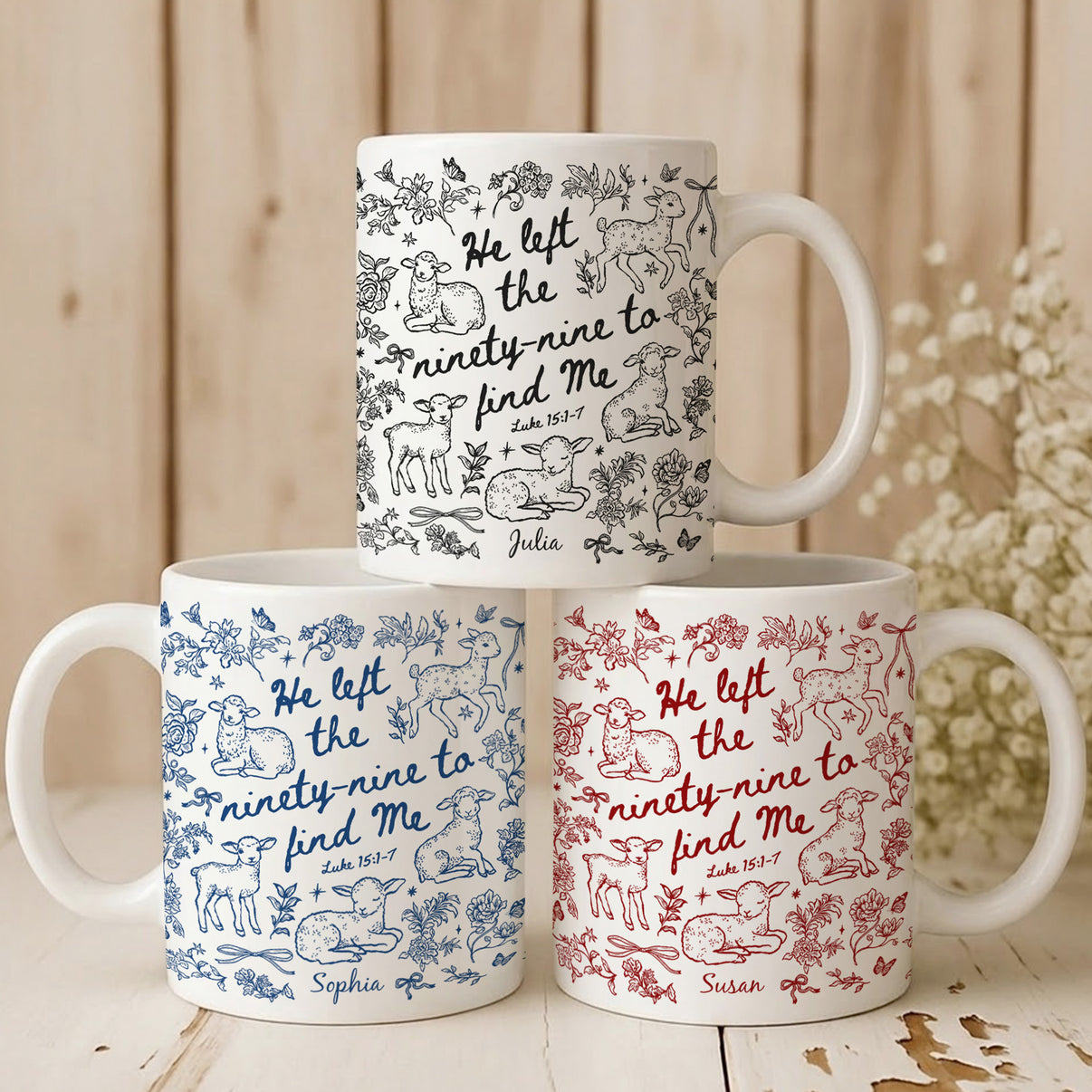 He Left The 99 To Find Me - Lost Sheep Toile De Jouy - Personalized Mug ...
