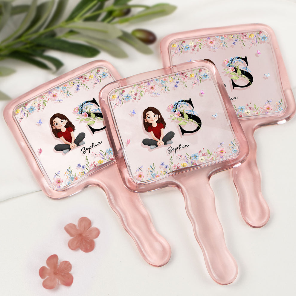 Initial Name With Floral - Personalized Handheld Mirror – Macorner
