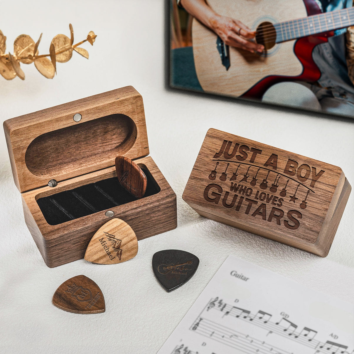 Just A Boy Who Loves Guitars - Personalized Wooden Guitar Pick Box ...
