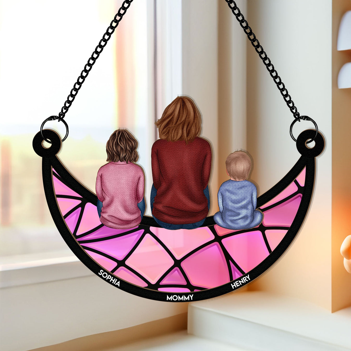 Mom And Her Kids On The Moon - Personalized Window Hanging Suncatcher ...