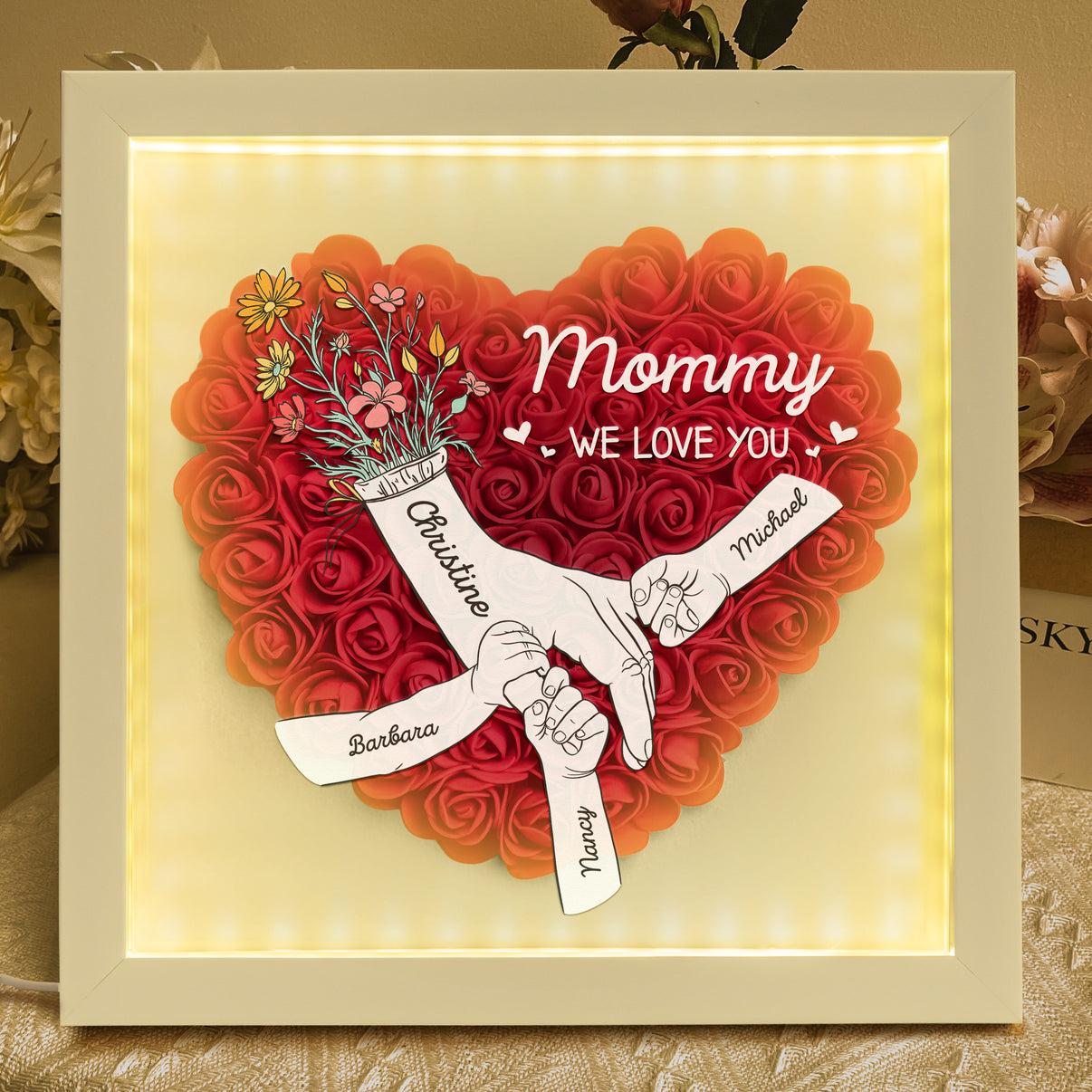 Mom Hands Holding We Love You - Personalized Flower Shadow Box with LED ...