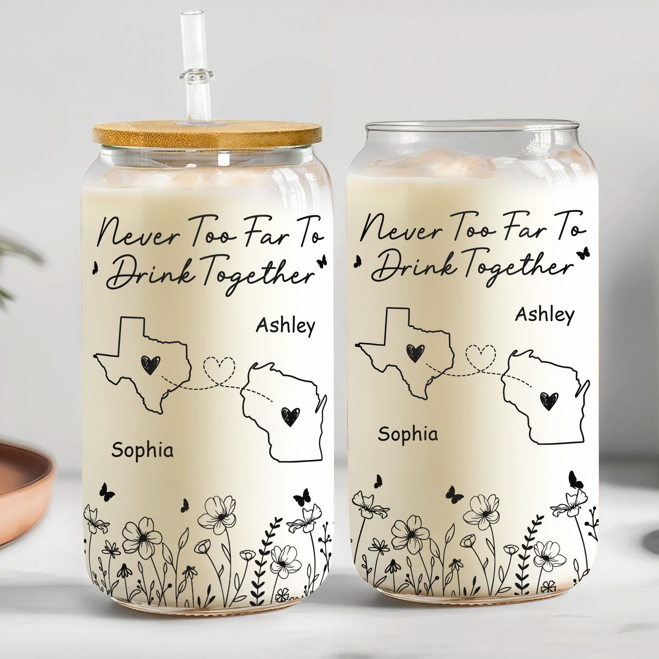 Never Too Far To Drink Together - Personalized Clear Glass Cup – Macorner