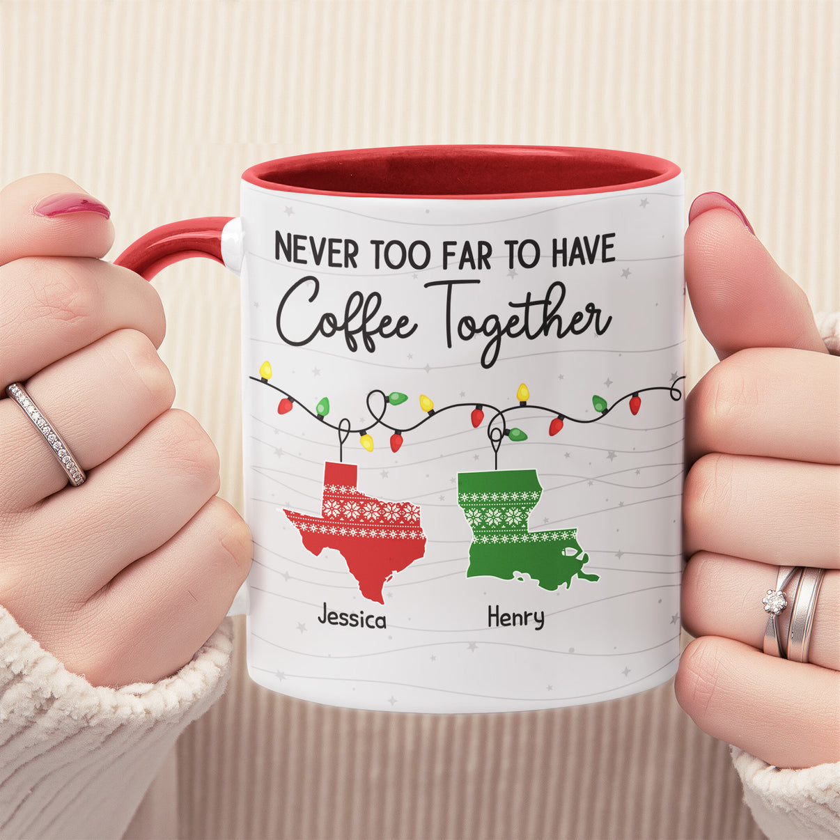 Never Too Far To Have Coffee Together - Personalized Accent Mug – Macorner