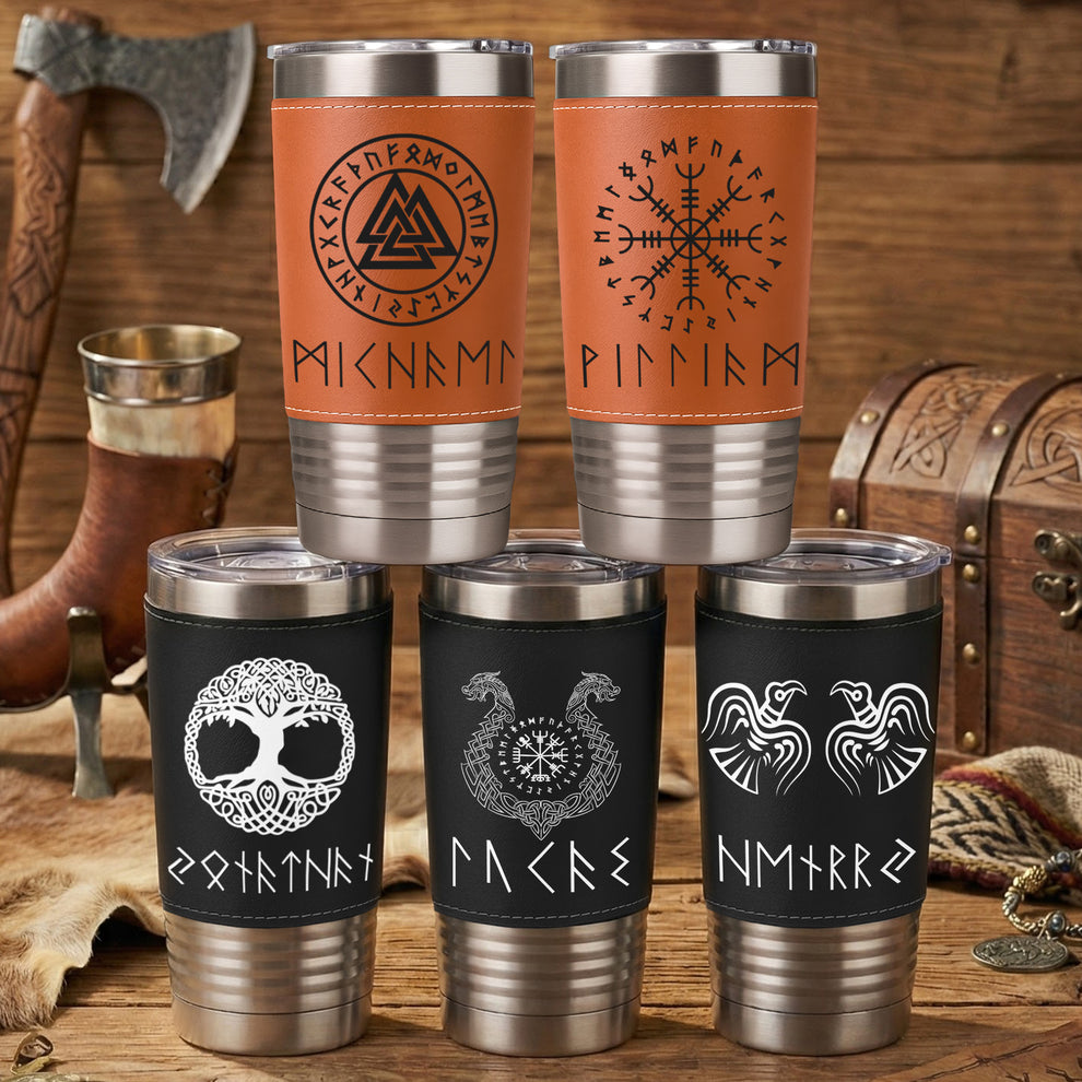 Norse Mythology Viking Runes - Personalized 20oz Leather Wrapped ...