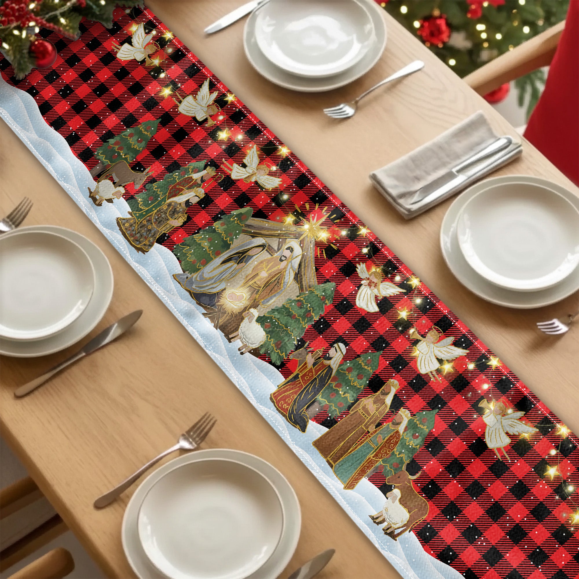 O Holy Night Nativity Scene Buffalo Plaid Christmas Dining Table ...
