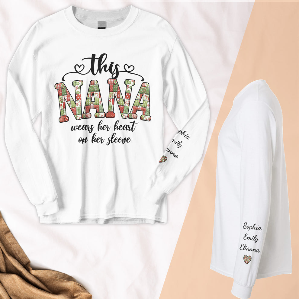 Patchwork Style This Grandma Wears Her Heart - Custom Long Sleeve T-Sh ...