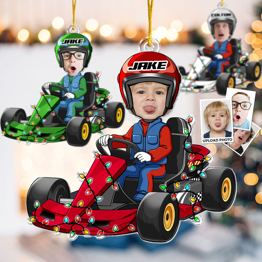 Racing Car Kid Custom Face - Personalized Acrylic Photo Ornament – Macorner