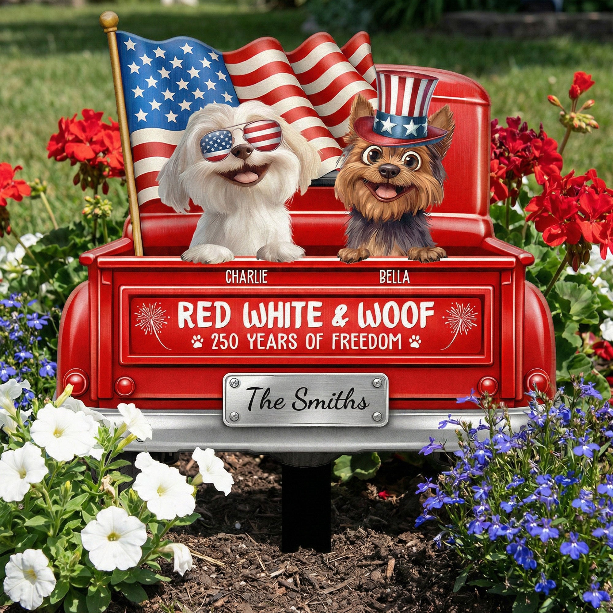 Red White Woof 250 Years Of Freedom - Personalized Metal Garden Stake ...