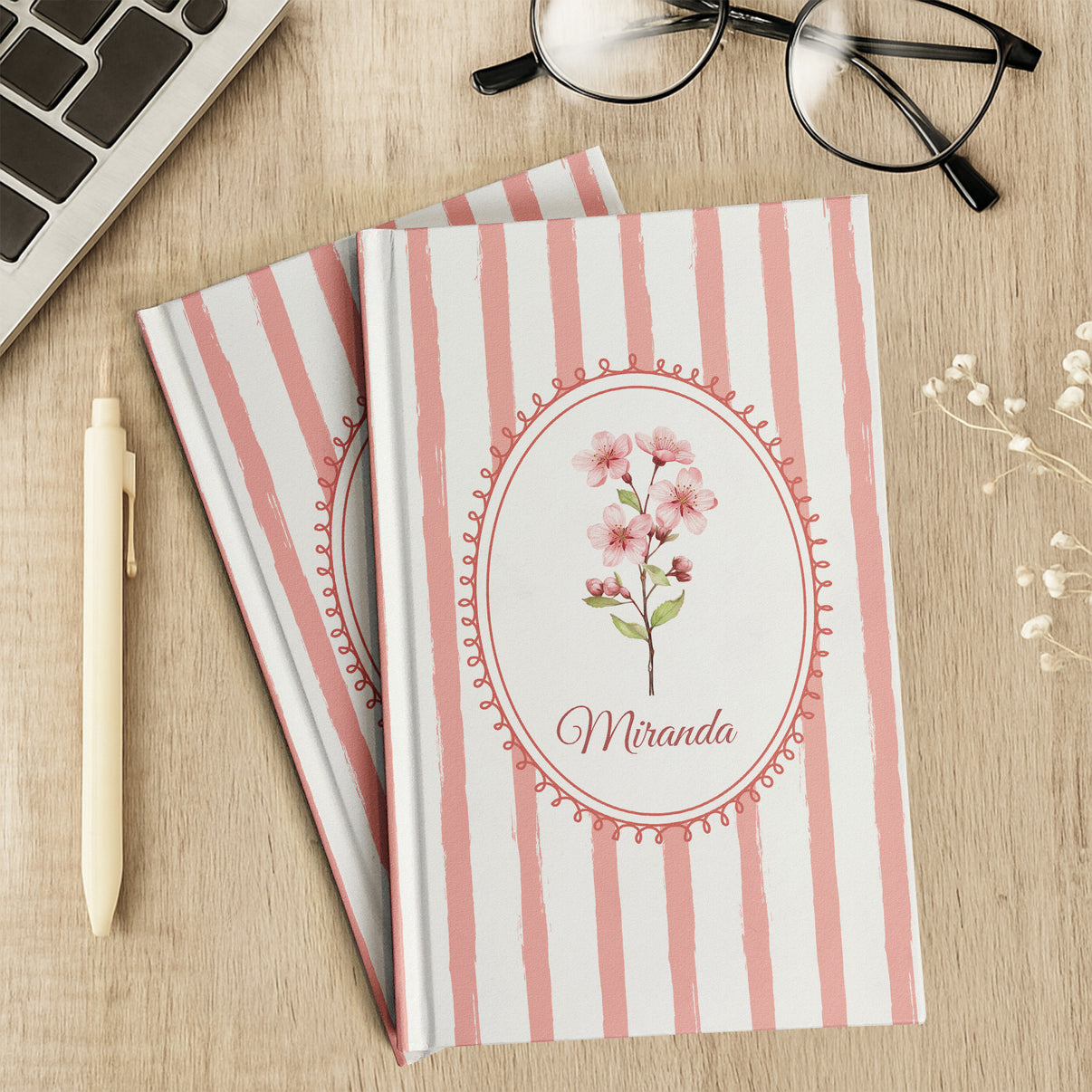 Stripes Girly Floral Journal Custom Birth Flower - Personalized ...