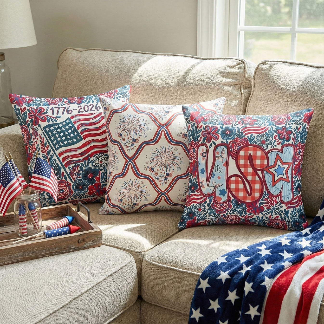 USA 250th Anniversary Floral American Flag - Personalized Pillow ...