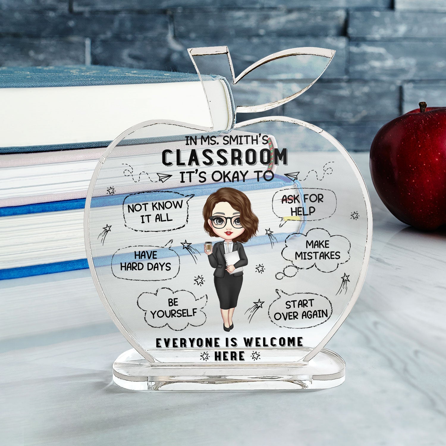 In Teacher Classroom - Personalized Apple Shaped Acrylic Plaque - Macorner