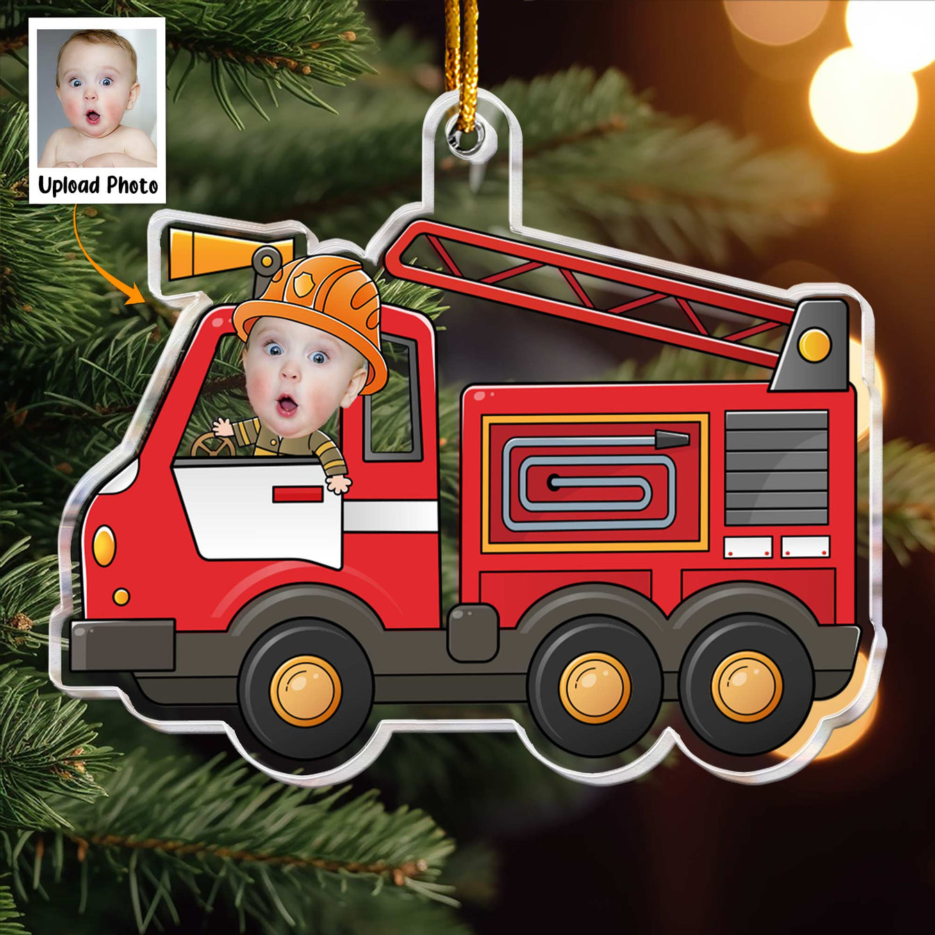Kid Riding Fire Truck - Personalized Acrylic Photo Ornament – Macorner