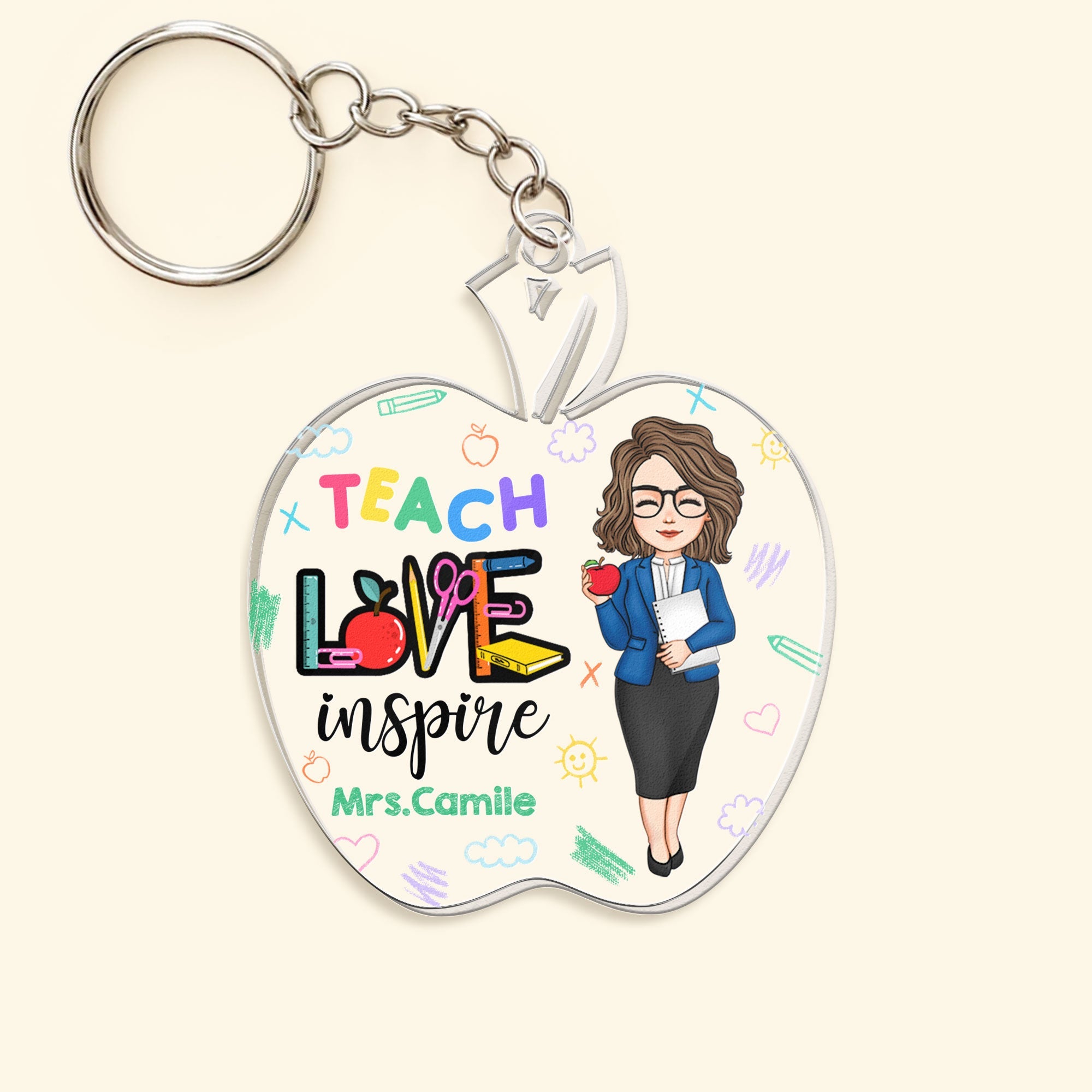 Teach Love Inspire Teacher Apple Shaped - Personalized Acrylic Keychain ...